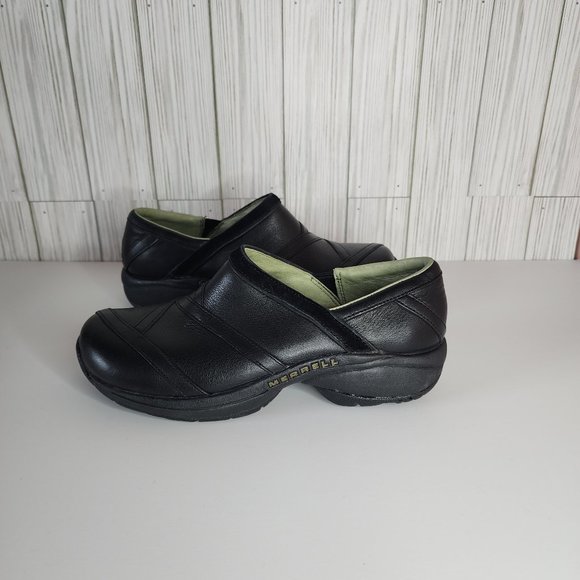 Merrell | Shoes | Womens Black Leather Merrell Moc Slip On Comfort Clog ...